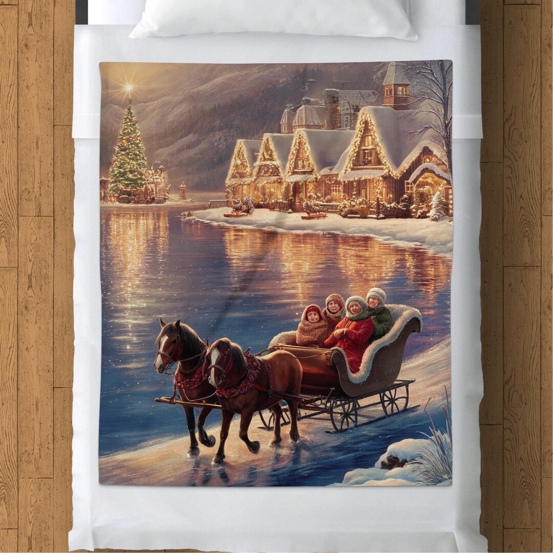 Cozy Christmas Village Winter Scene Blanket, Horse Drawn Sleigh Ride ...