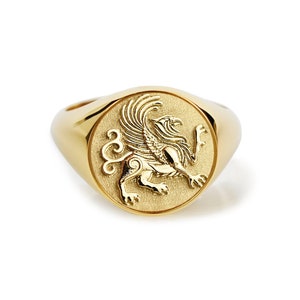 14K Gold Griffin Signet Ring: Engraved Mythological Jewelry - Etsy