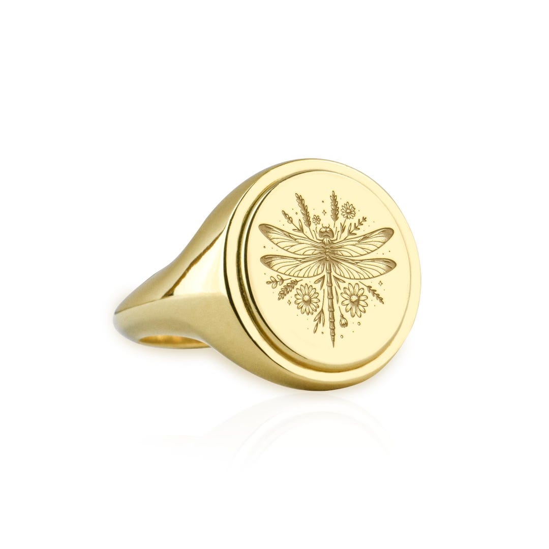 14K Gold Dragonfly Signet Ring, Oval Engraved Animal Jewelry, Gold ...