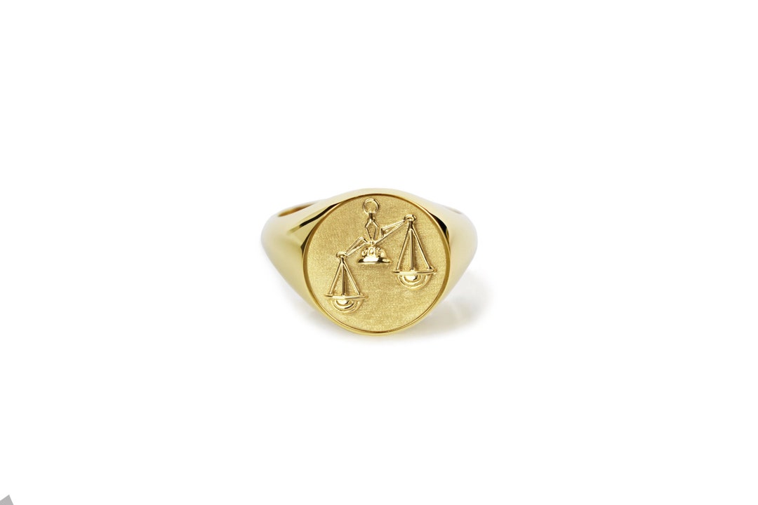14K Solid Gold Libra Sign Ring, Gold Air Zodiac Sign Signet Ring ...