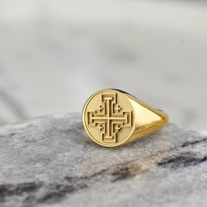 14K Gold Jerusalem Cross Signet Ring: Custom Heraldic Crest - Etsy