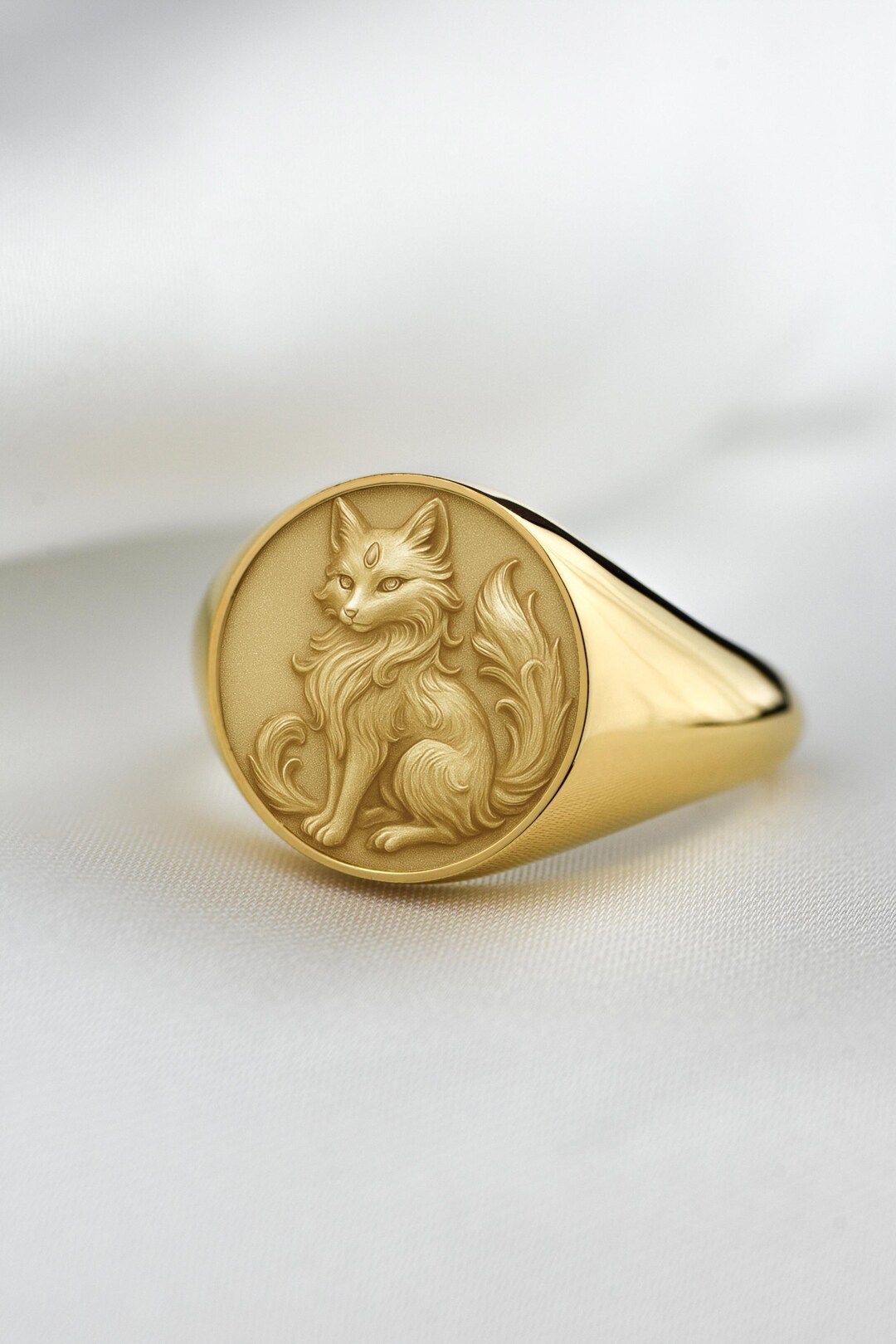 Kitsune Fox Signet Ring, 14K Gold Kitsune Spirit Ring, Japanese Myth ...