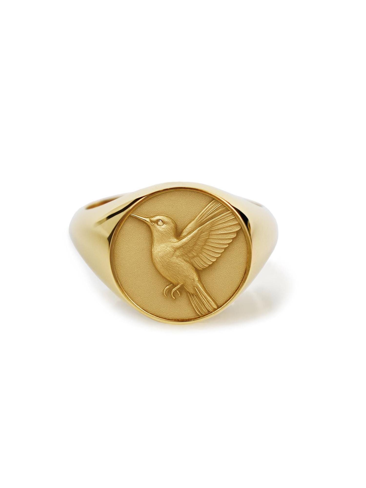 Hummingbird Signet Ring, 14K Gold Bird Ring, Nature Symbol Jewelry ...