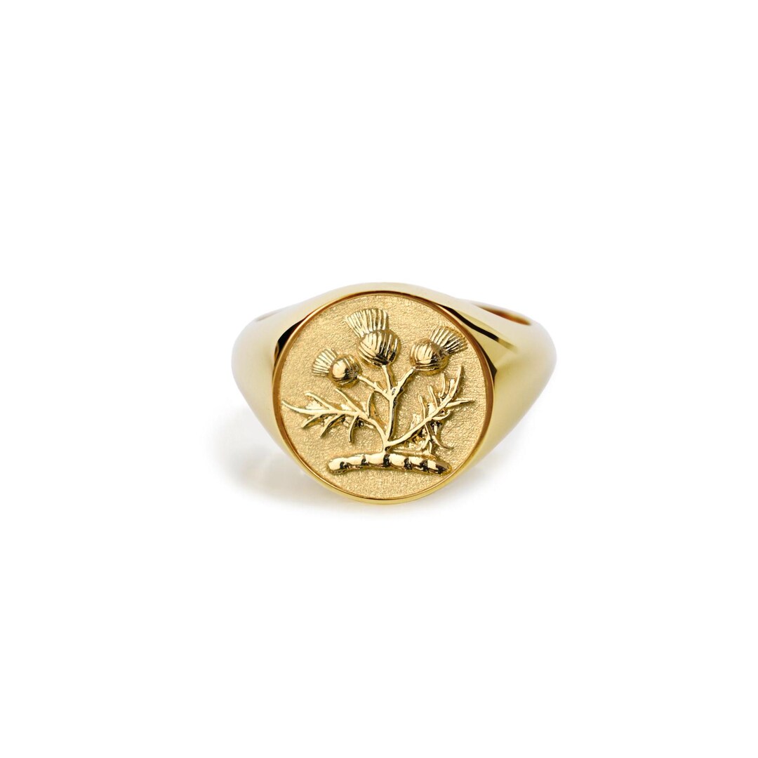 14K Solid Gold Scottish Thistle Signet Ring, Personalized Thistle ...