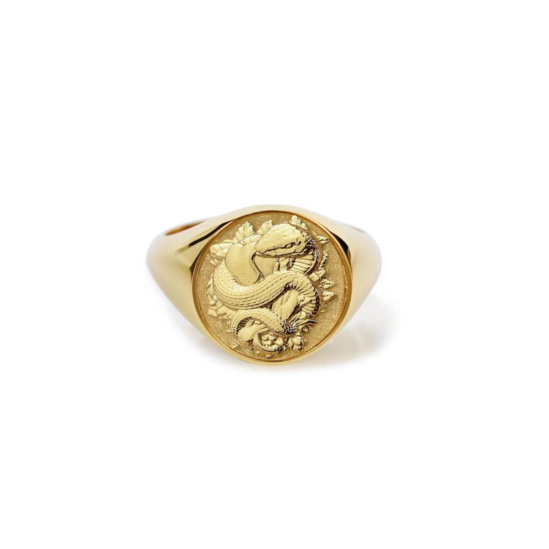 14K Solid Gold Eden Apple Signet Ring, Eden Serpent Round Ring ...