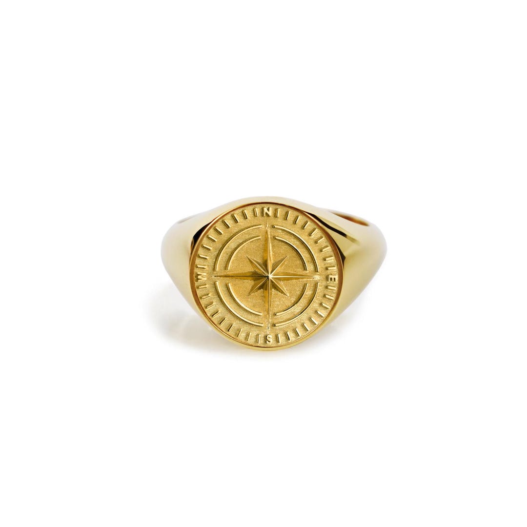14K Gold Compass Signet Ring, Symbol of Guidance Amulet, Direction in ...