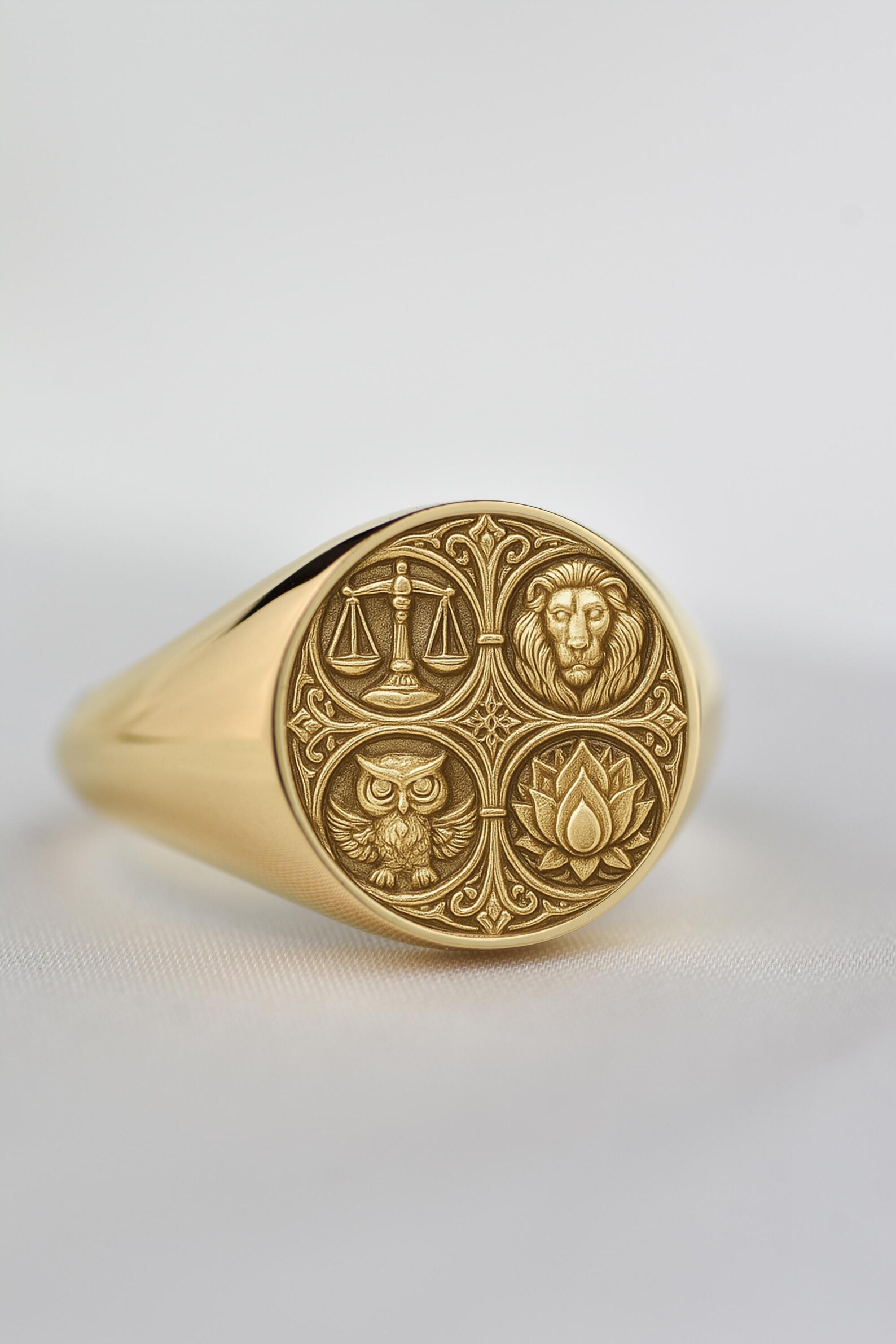Cardinal Virtues Signet Ring, 14K Gold Justice Ring, Courage Symbol ...