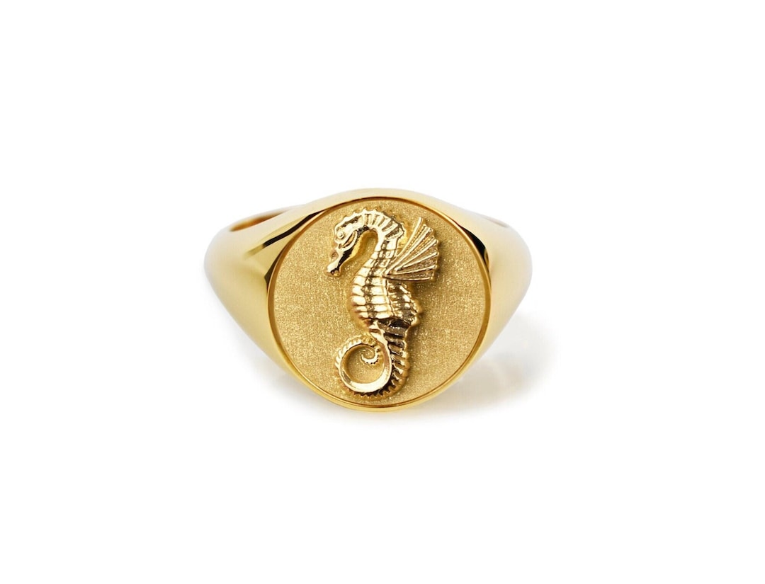 14K Real Solid Gold Seahorse Signet Ring, Gold Engraved Sea Animal Ring ...