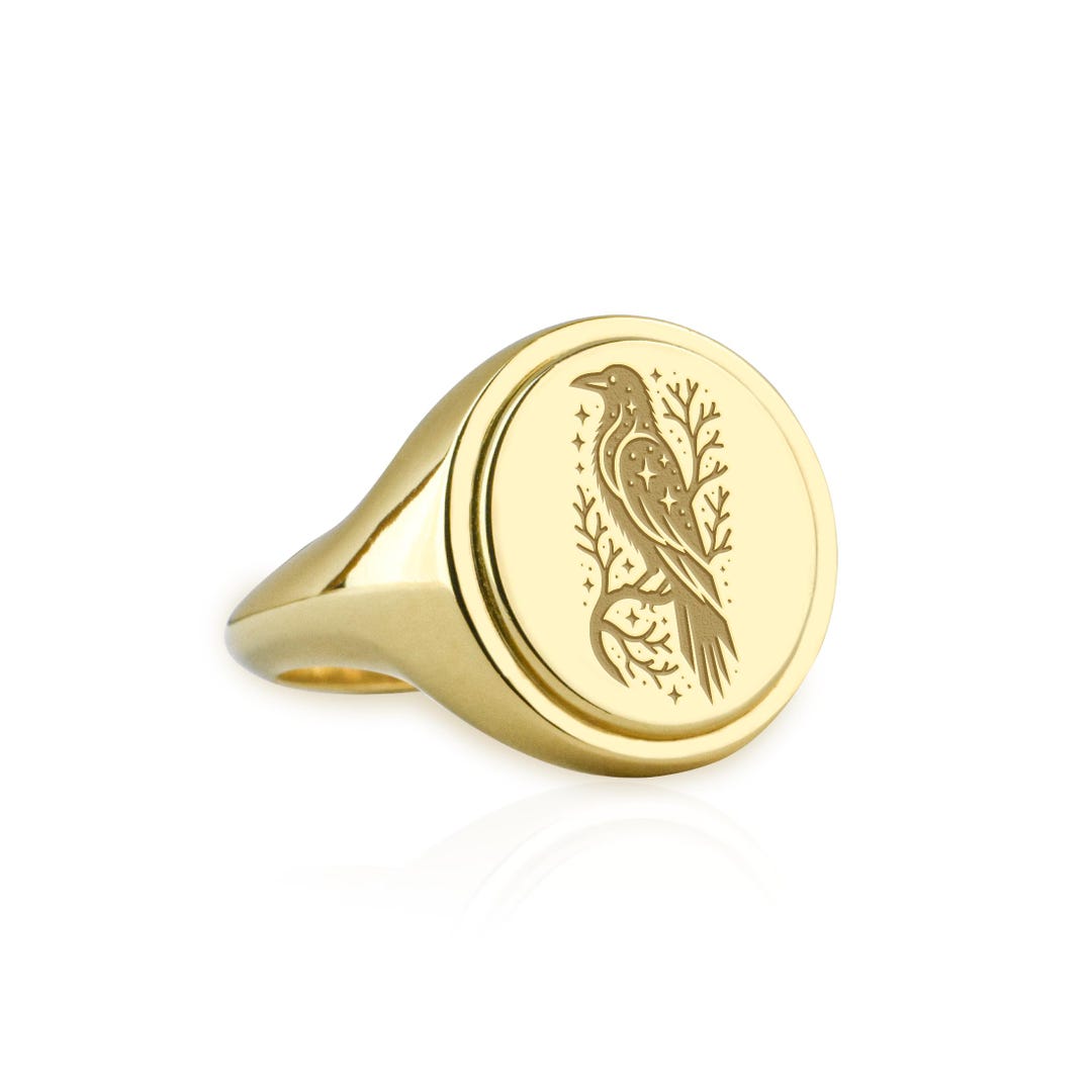 14K Gold Crow Signet Ring, Oval Engraved Bird Jewelry, Gold ...