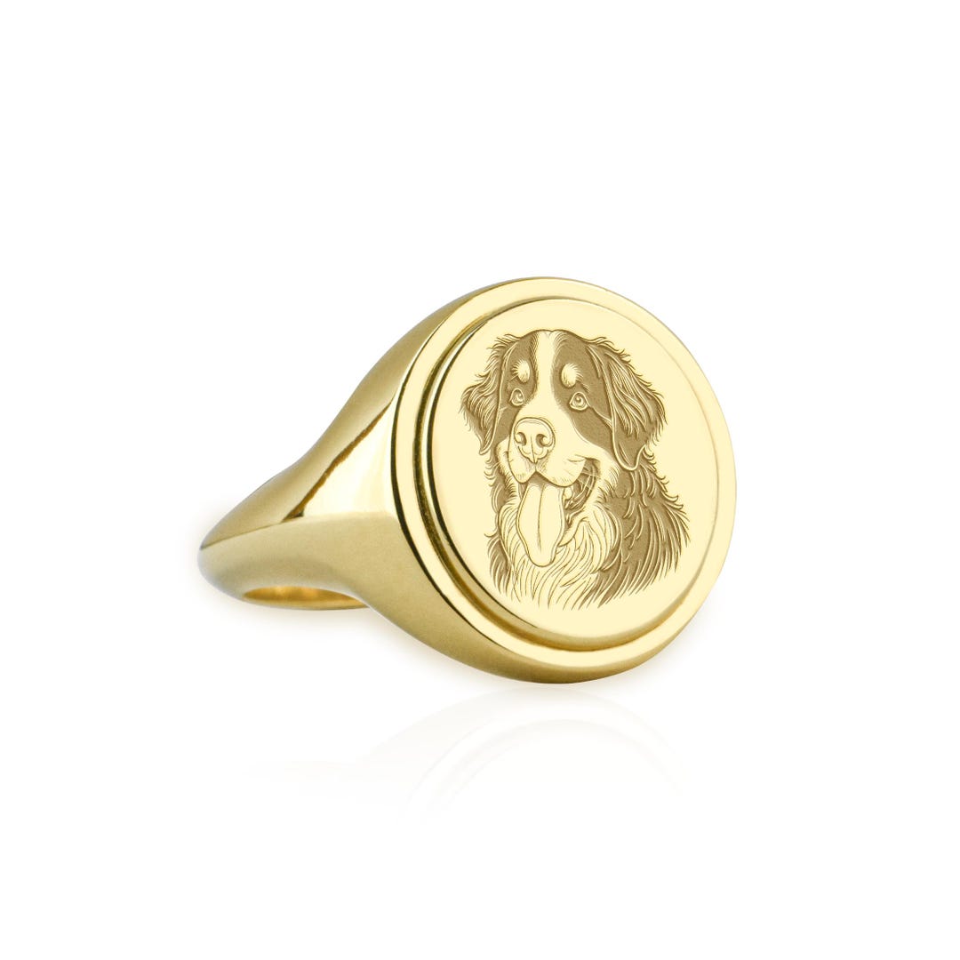 14K Gold Bernese Mountain Dog Signet Ring, Oval Engraved Pet Jewelry ...