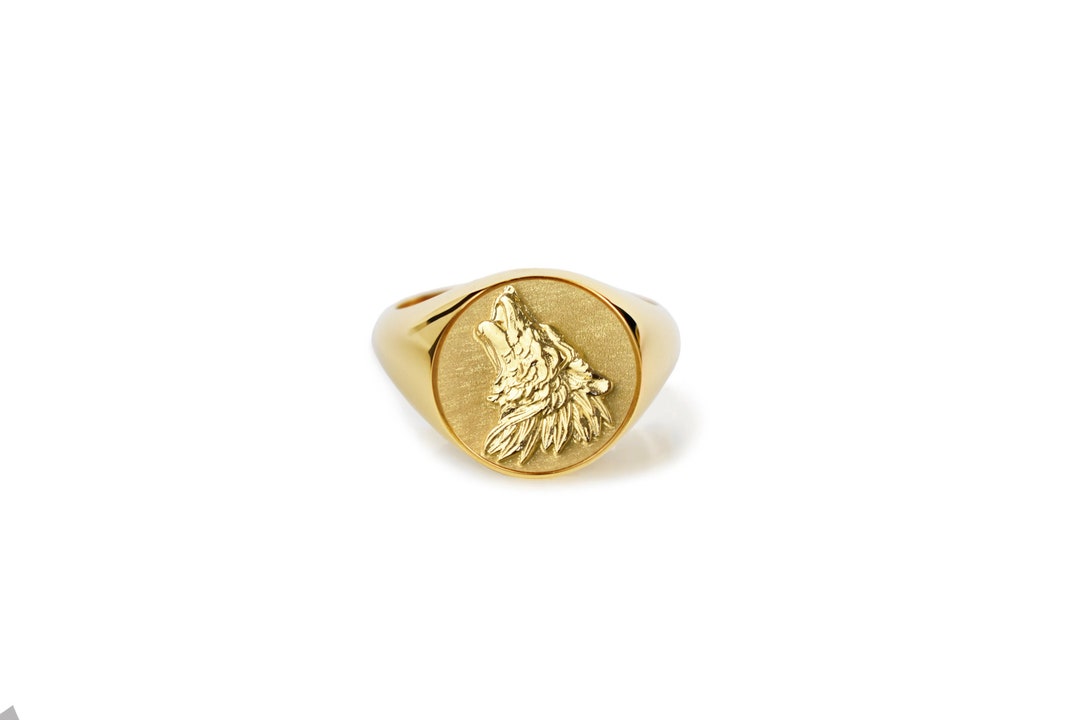 14K Real Solid Gold Wolf Signet Ring, Gold Engraved Wolf Animal Ring ...