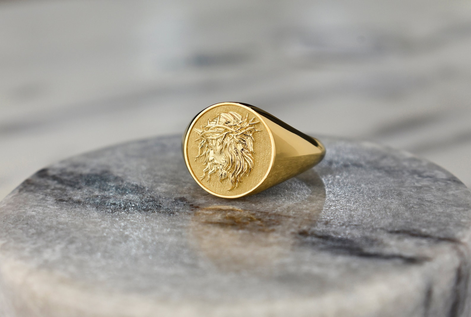 14K Solid Gold Jesus Christ Signet Ring, Personalised Christianity ...
