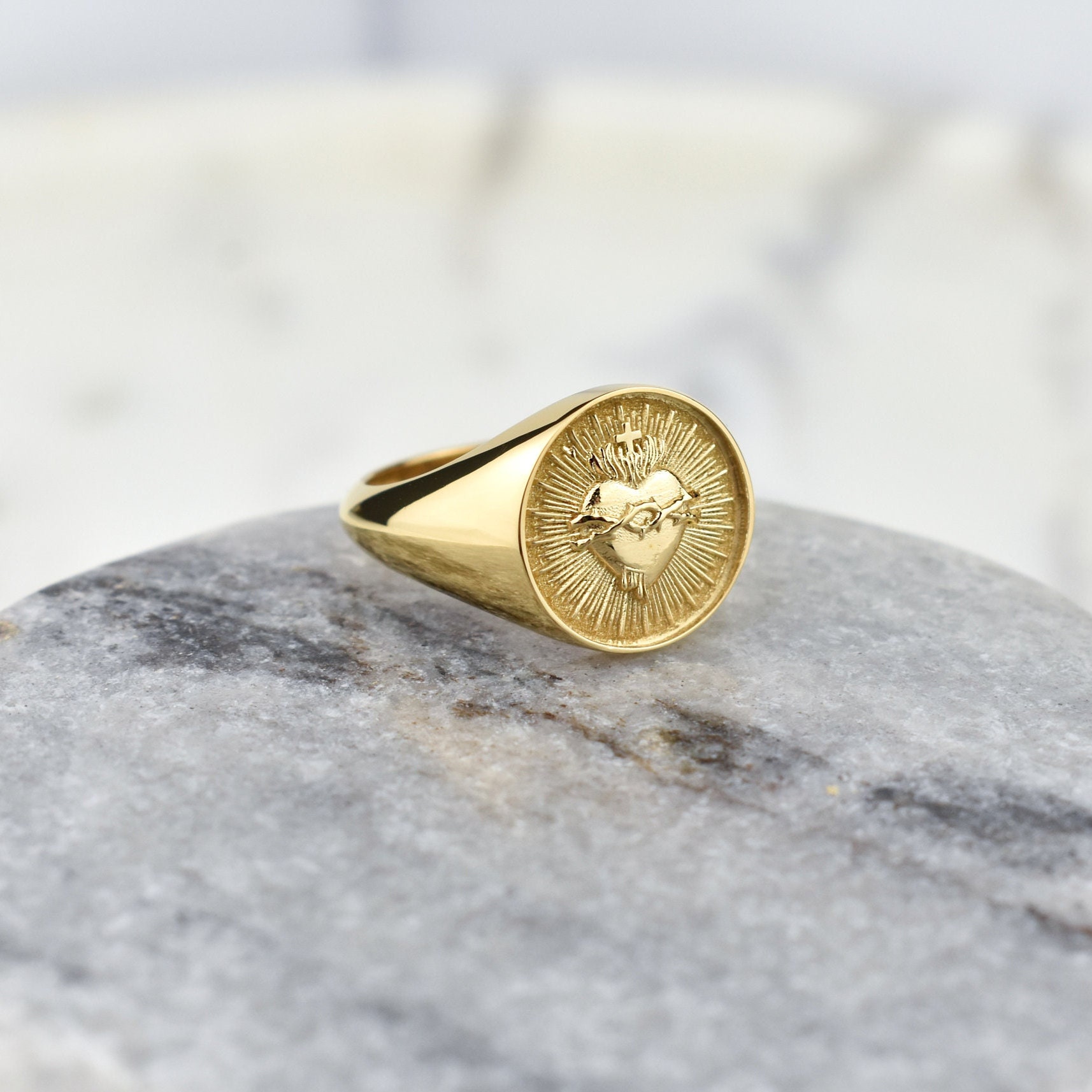 Gold Sacred Heart of Jesus Signet Ring, Catholic Churt Gold Jewelry ...