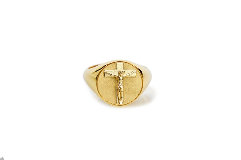 14K Real Solid Gold Crucified Jesus Ring, Gold Engraved Jesus Signet ...