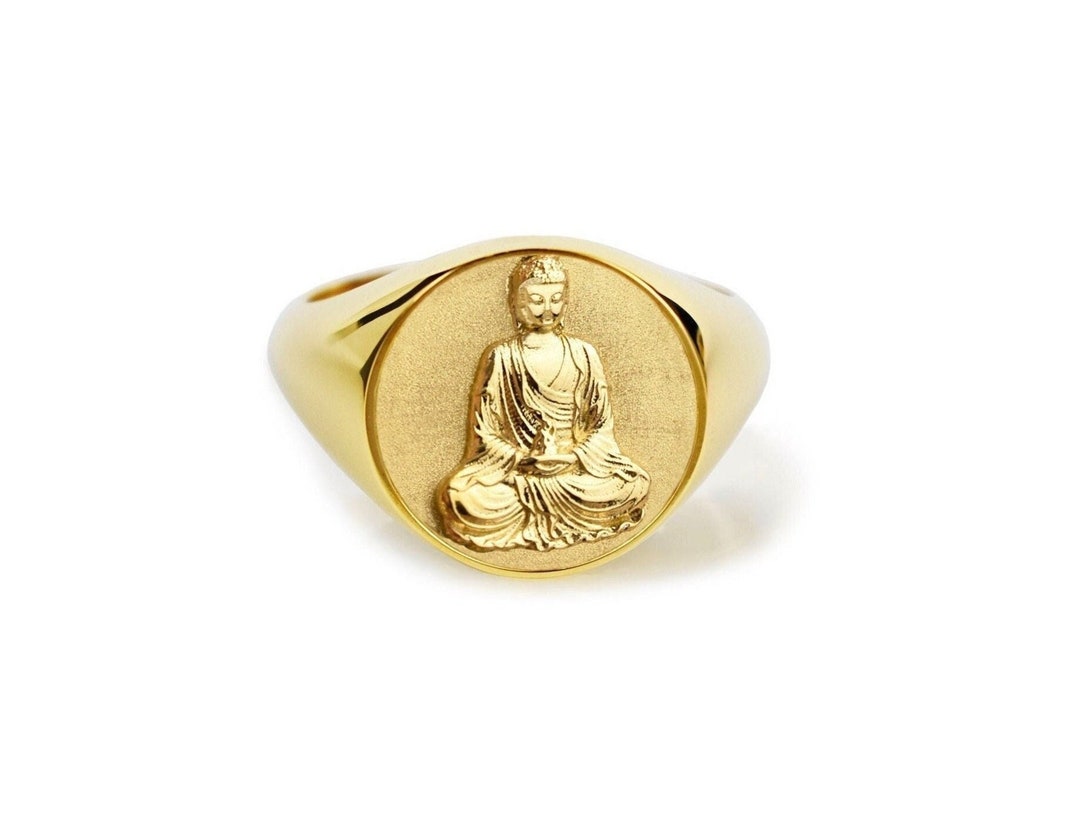 14K Real Solid Gold Buddha Signet Ring, Personalized Buddhism Signet ...