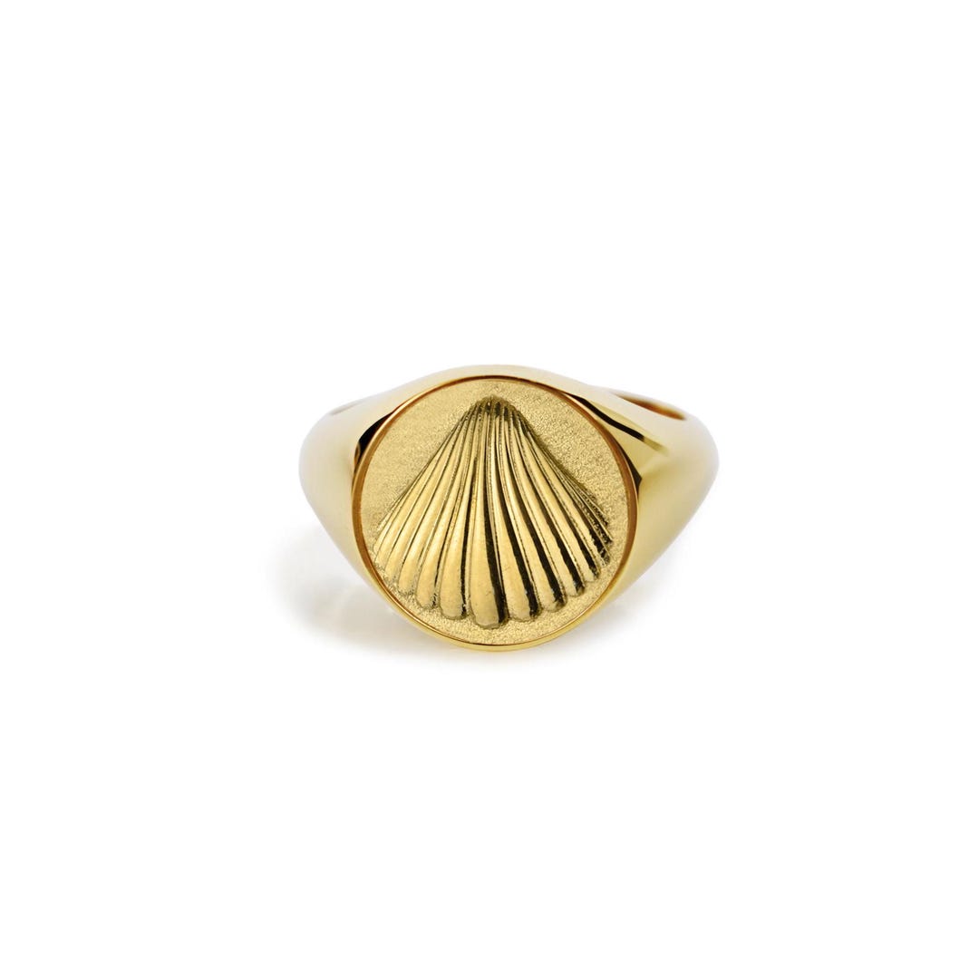 14K Solid Gold Shell Signet Ring, Personalized Beach Jewelry, Ocean Lover Gift, Scallop Seashell ...
