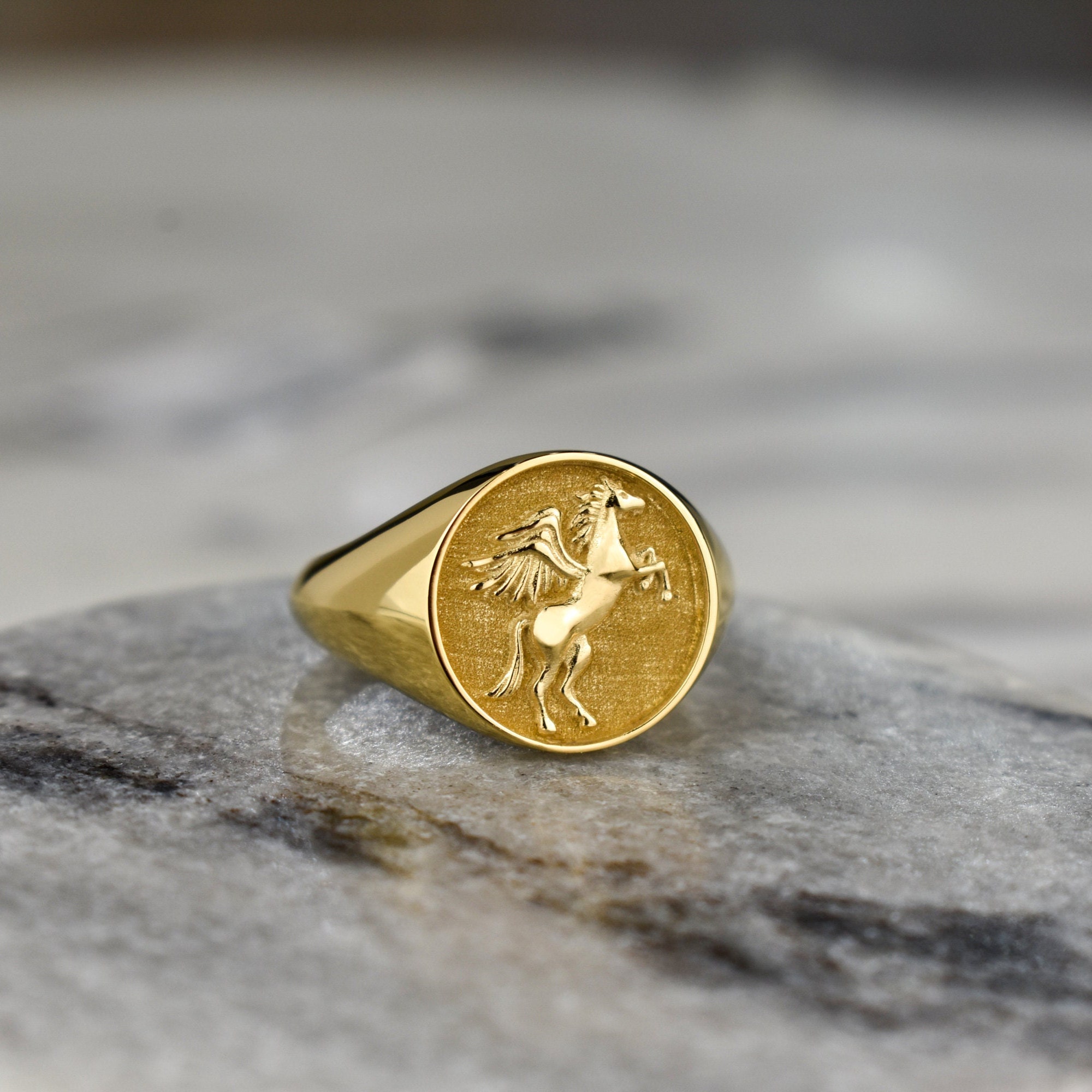 Gold Pegasus Signet Ring, Horse With Wings Ring, Greek Mythology Horse Ring, Personalized ...