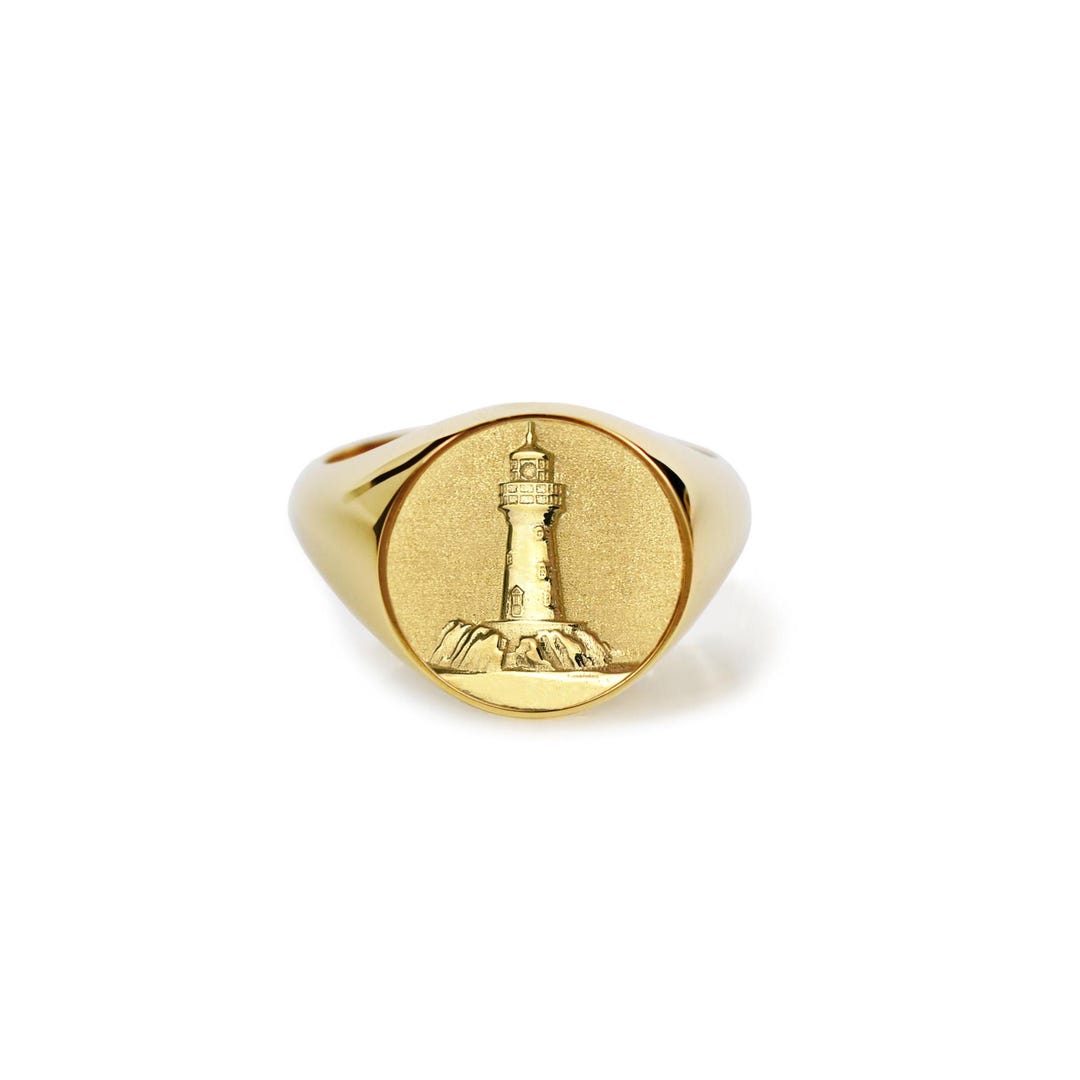 14K Gold Lighthouse Signet Ring, Guidance Round Ring, Nautical ...