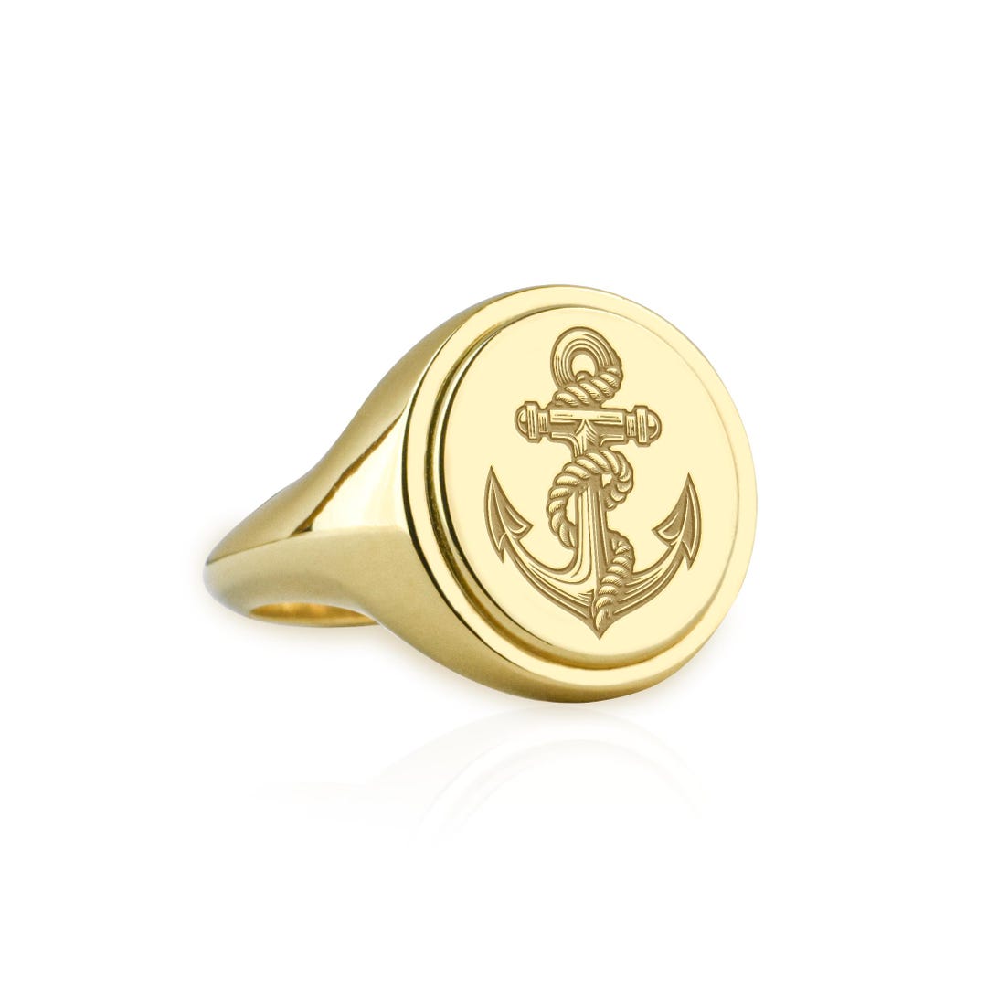 14K Gold Anchor Signet Ring, Nautical Jewelry, Oval Engraved Sailor ...