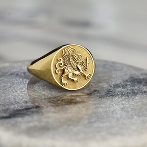 14K Gold Griffin Signet Ring: Engraved Mythological Jewelry - Etsy