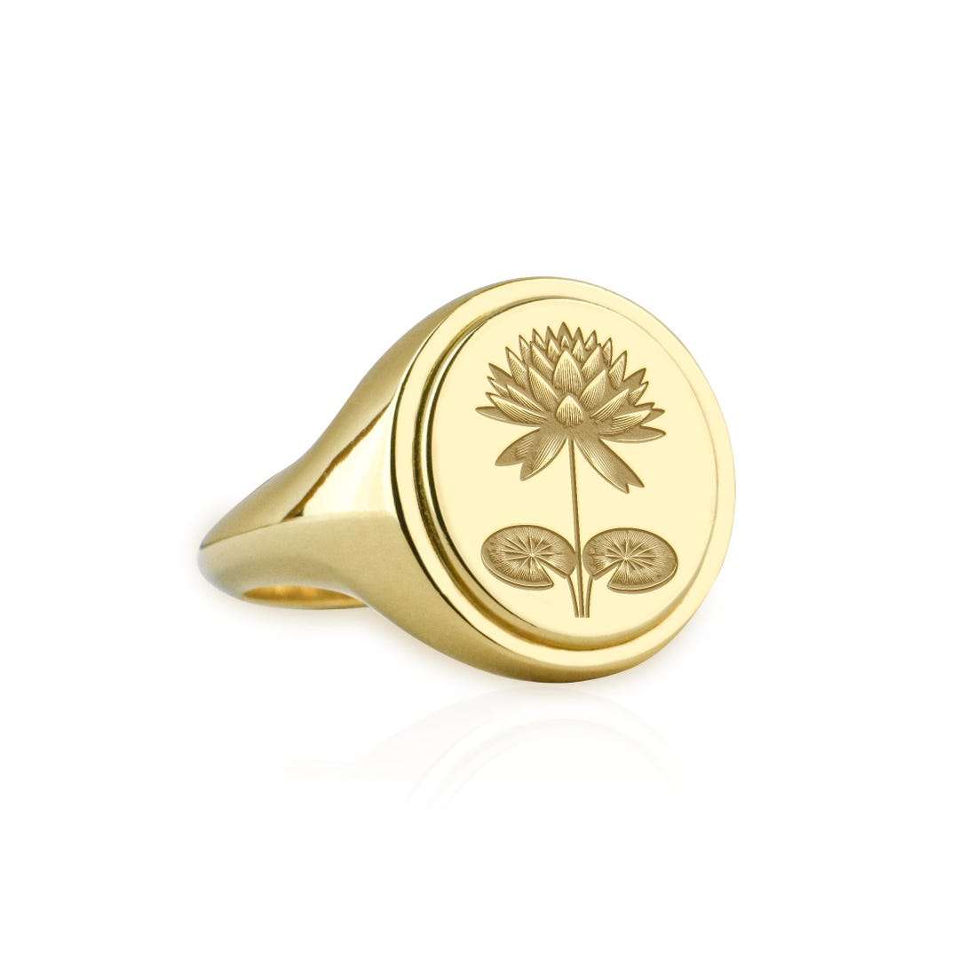 14K Gold Water Lily Signet Ring, Oval Engraved Asian Birthflower ...