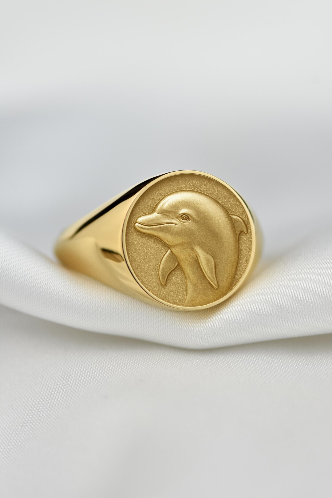 Dolphin Signet Ring, 14K Gold Sea Creature Ring, Marine Life Ring ...
