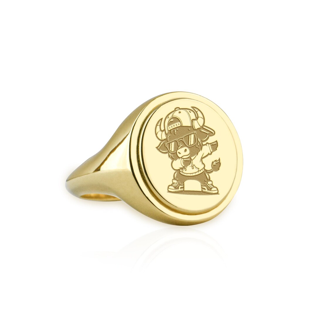 14K Gold Buffalo Cartoon Signet Ring, Oval Engraved Jewelry, Gold ...