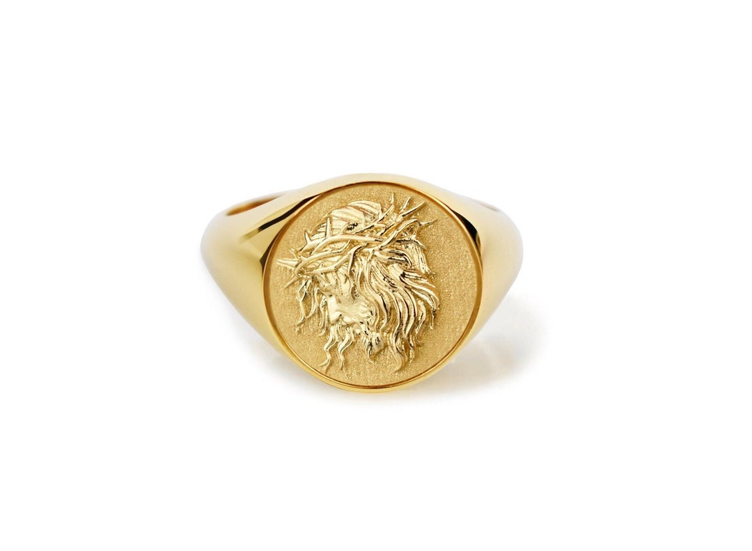 14K Solid Gold Jesus Christ Signet Ring, Personalised Christianity ...