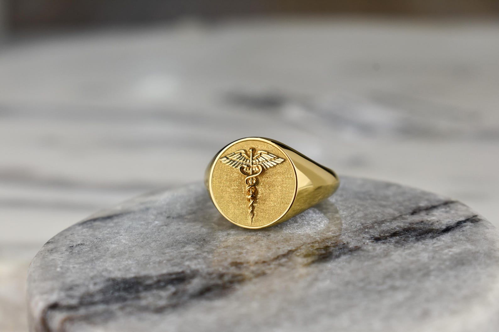 14K Solid Gold Medical Alert Signet Ring, Engraved Emergency ID, Medic ...