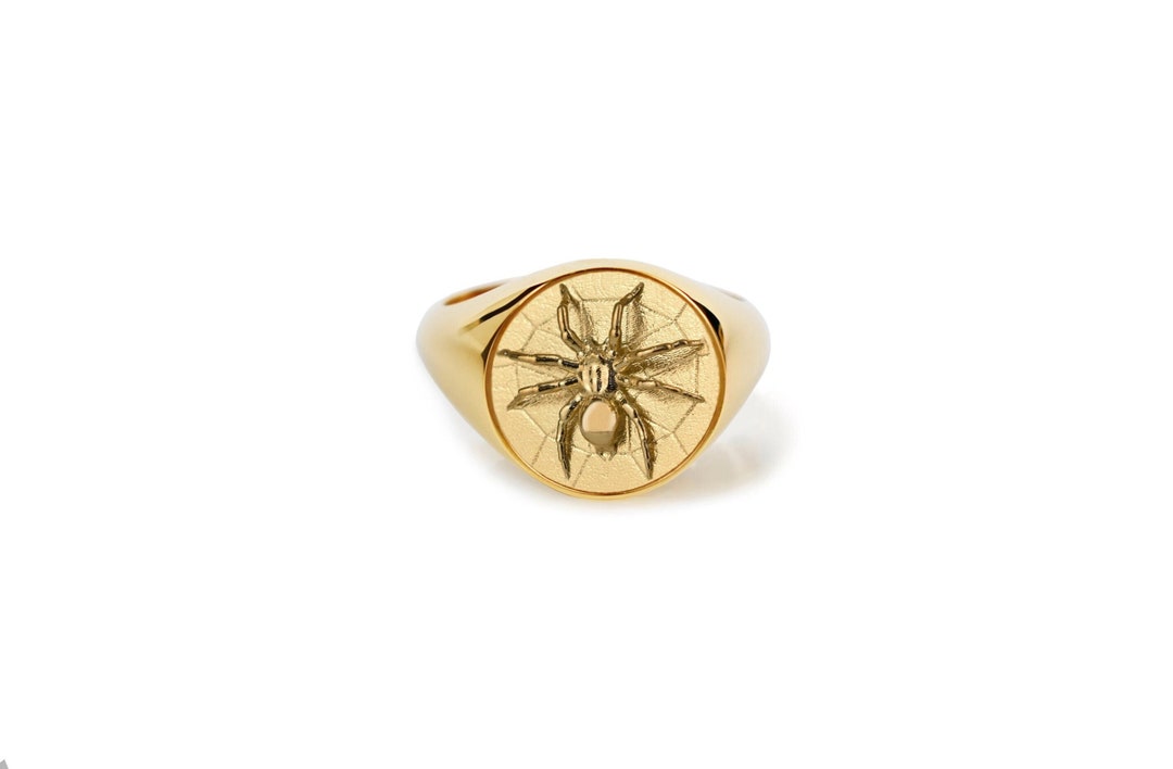 14K Real Solid Gold Spider Signet Ring, Personalised Spider Ring, Gold ...