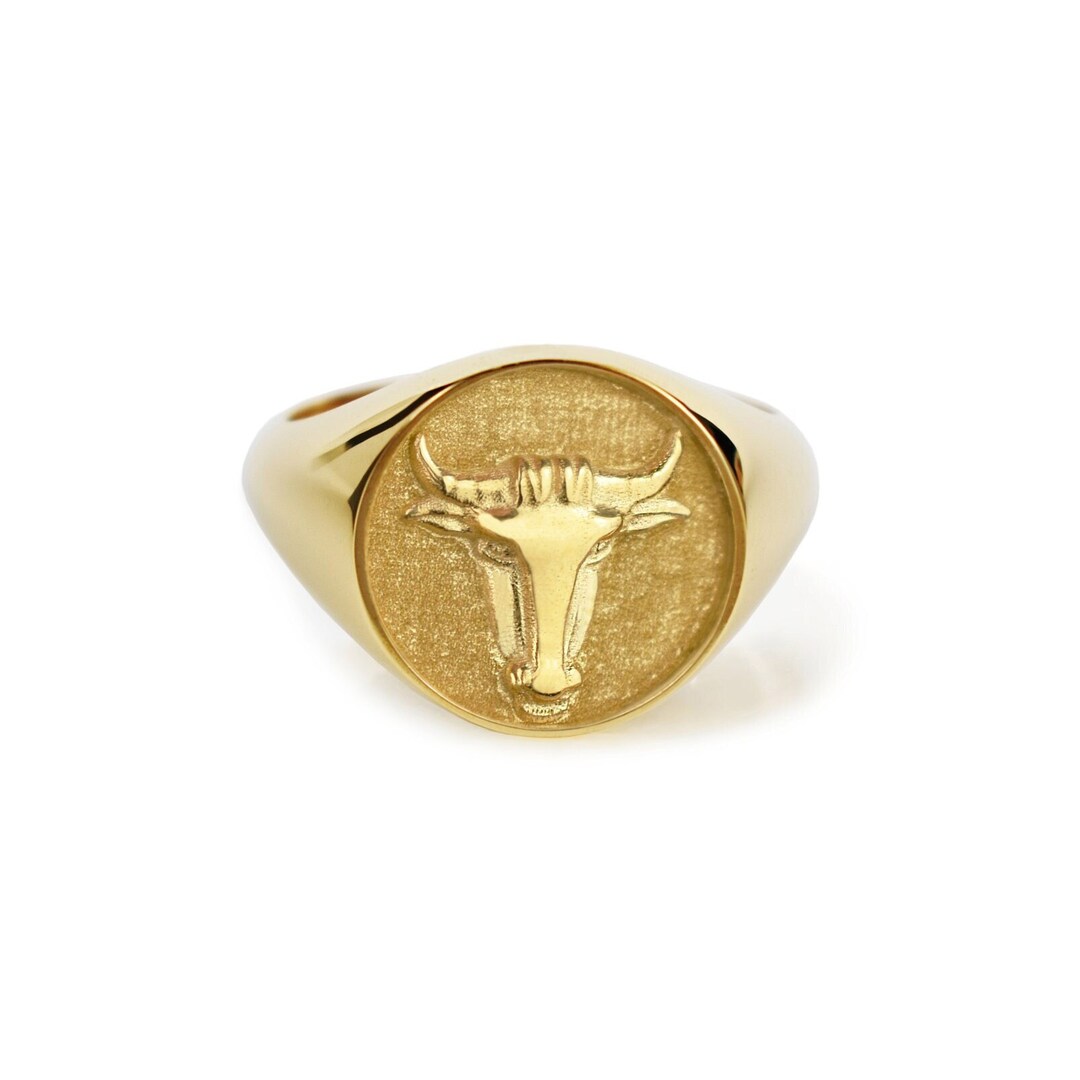 Gold Bull Head Signet Ring, Taurus Zodiac Sign Signet Ring, Solid Gold ...
