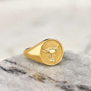 Gold Bull Head Signet Ring, Taurus Zodiac Sign Signet Ring, Solid Gold ...
