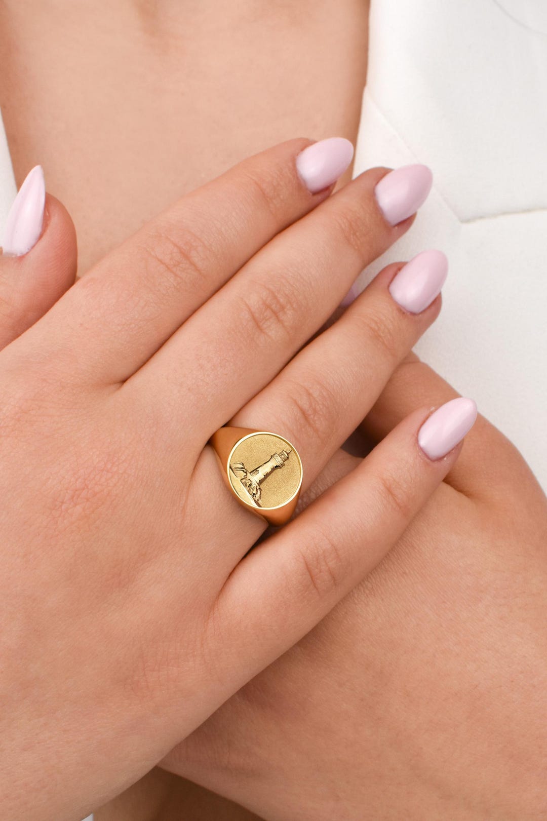 14K Gold Lighthouse Signet Ring, Guidance Round Ring, Nautical ...