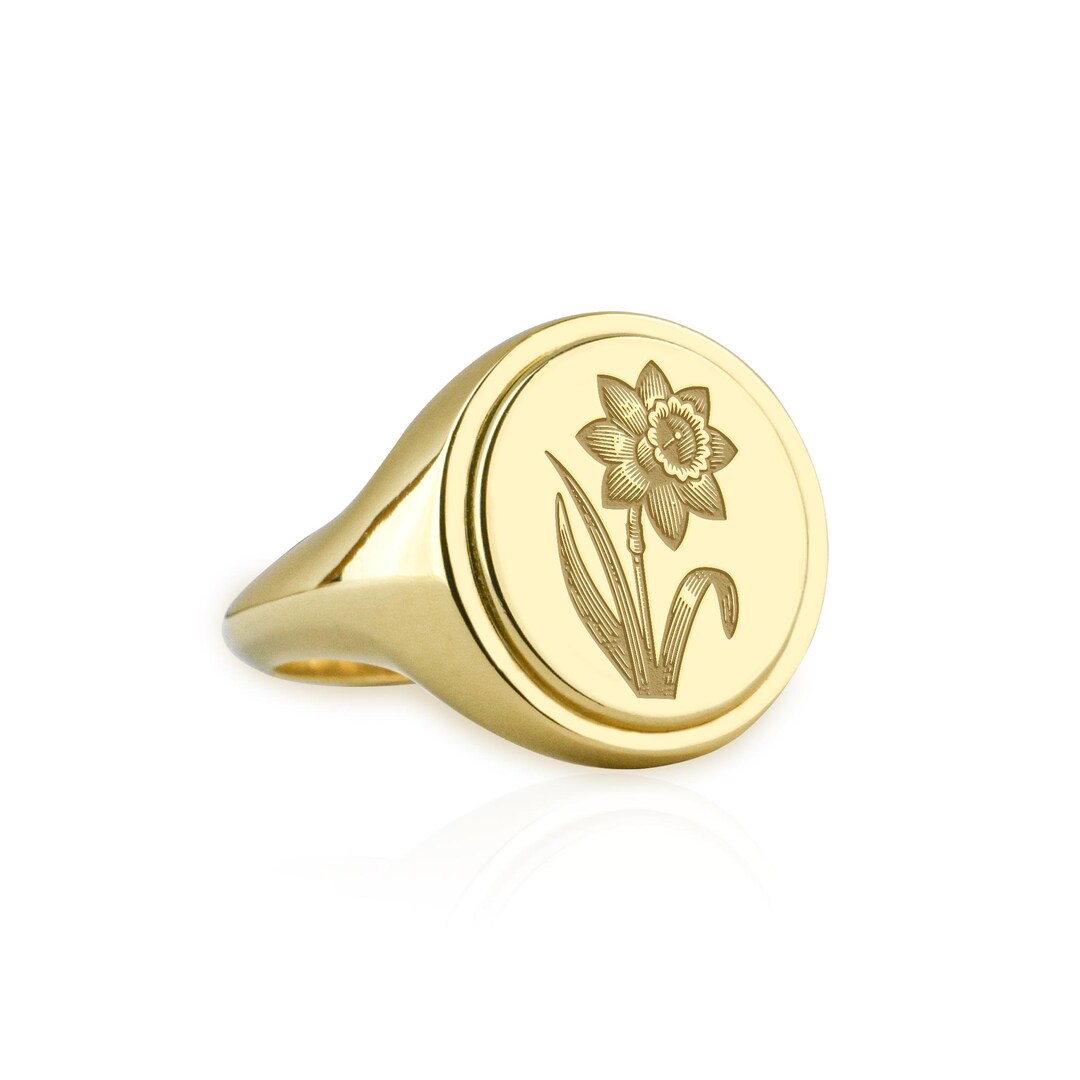 14K Gold Daffodil Signet Ring, Oval Engraved Asian Birthflower Jewelry ...