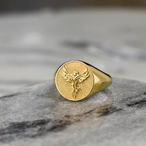14K Gold Phoenix Signet Ring, Mythical Bird Jewelry - Etsy