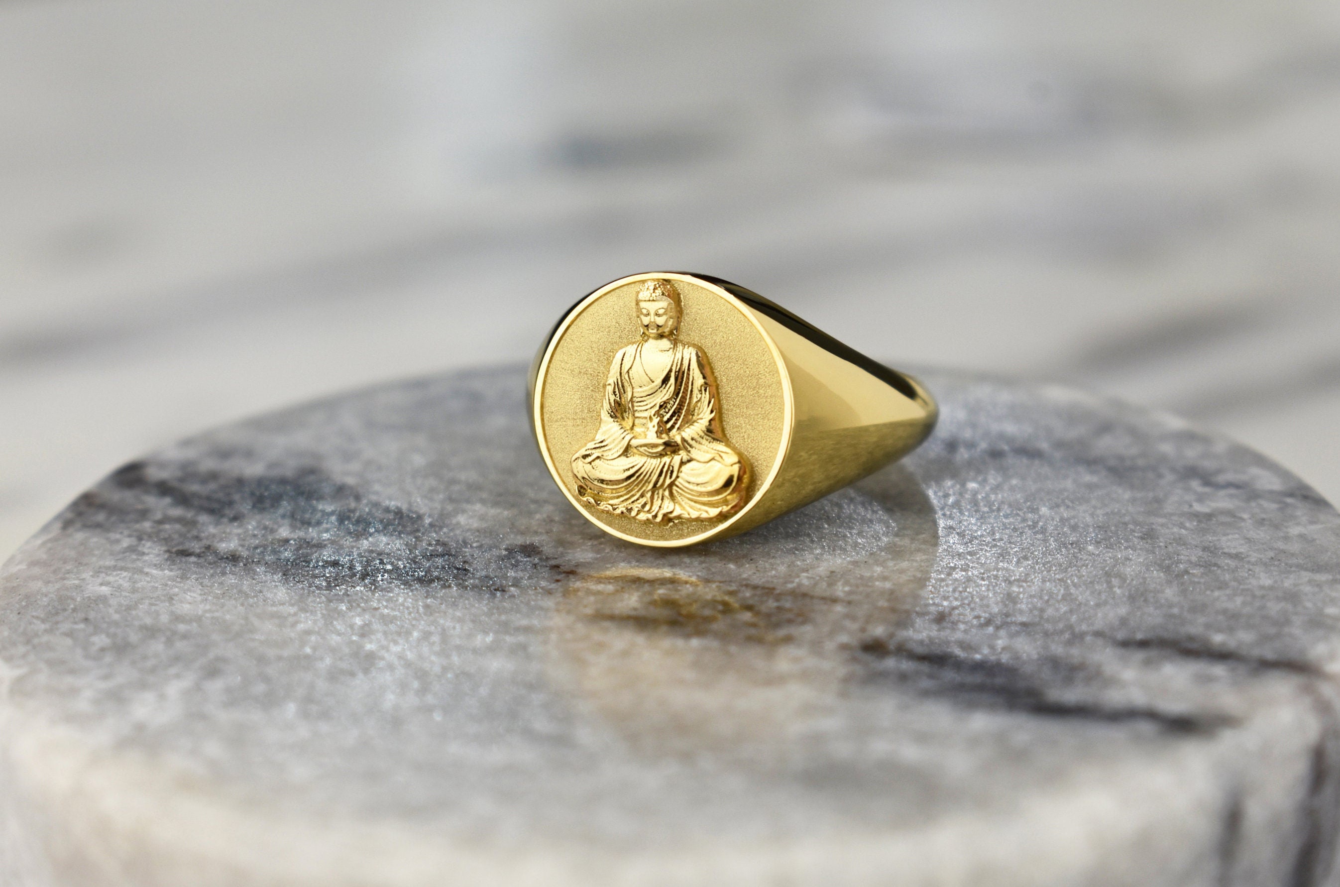 14K Real Solid Gold Buddha Signet Ring, Personalized Buddhism Signet ...