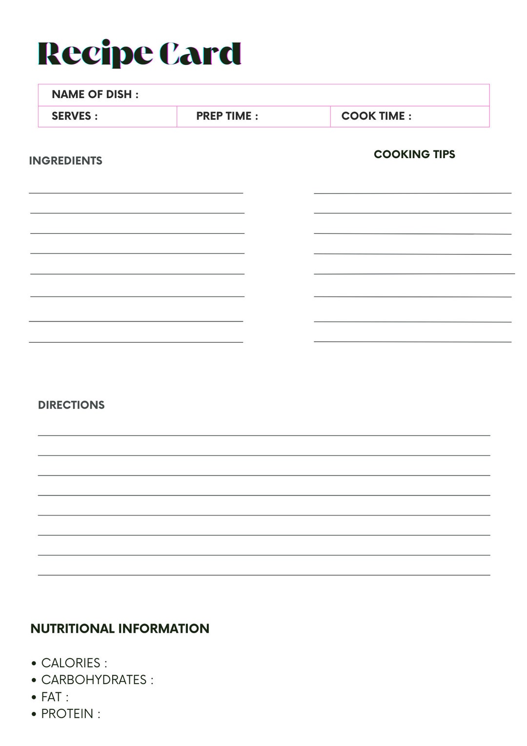 Printable Recipe Template, Recipe Page, Recipe Card, Recipe Sheet ...