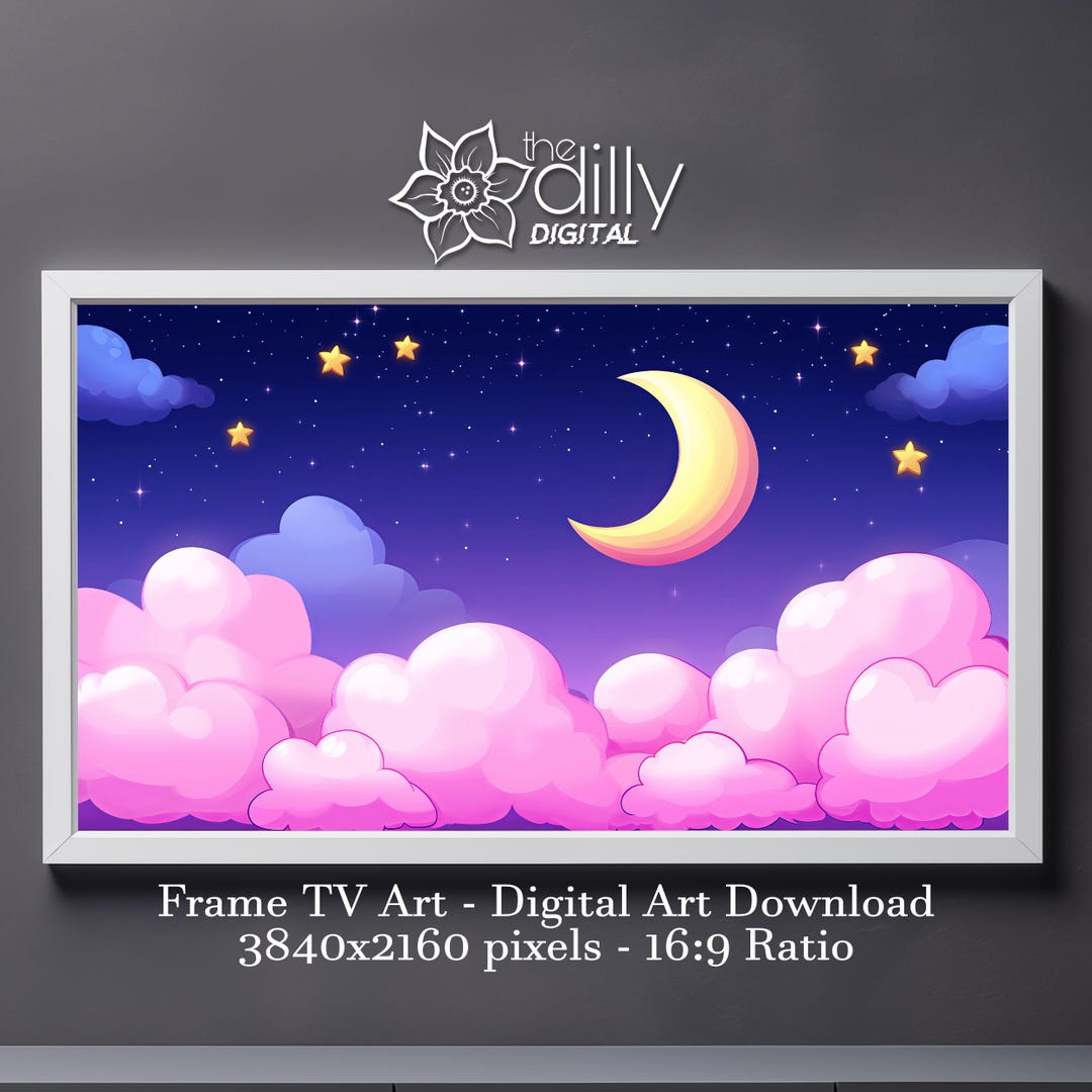 Frame TV Art Moon and Stars With Pink Clouds in the Night Sky ...