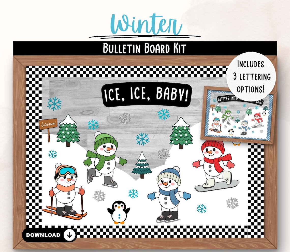 Winter Sports Bulletin Board Kit, New Year Snowman Skiing Snowboarding ...