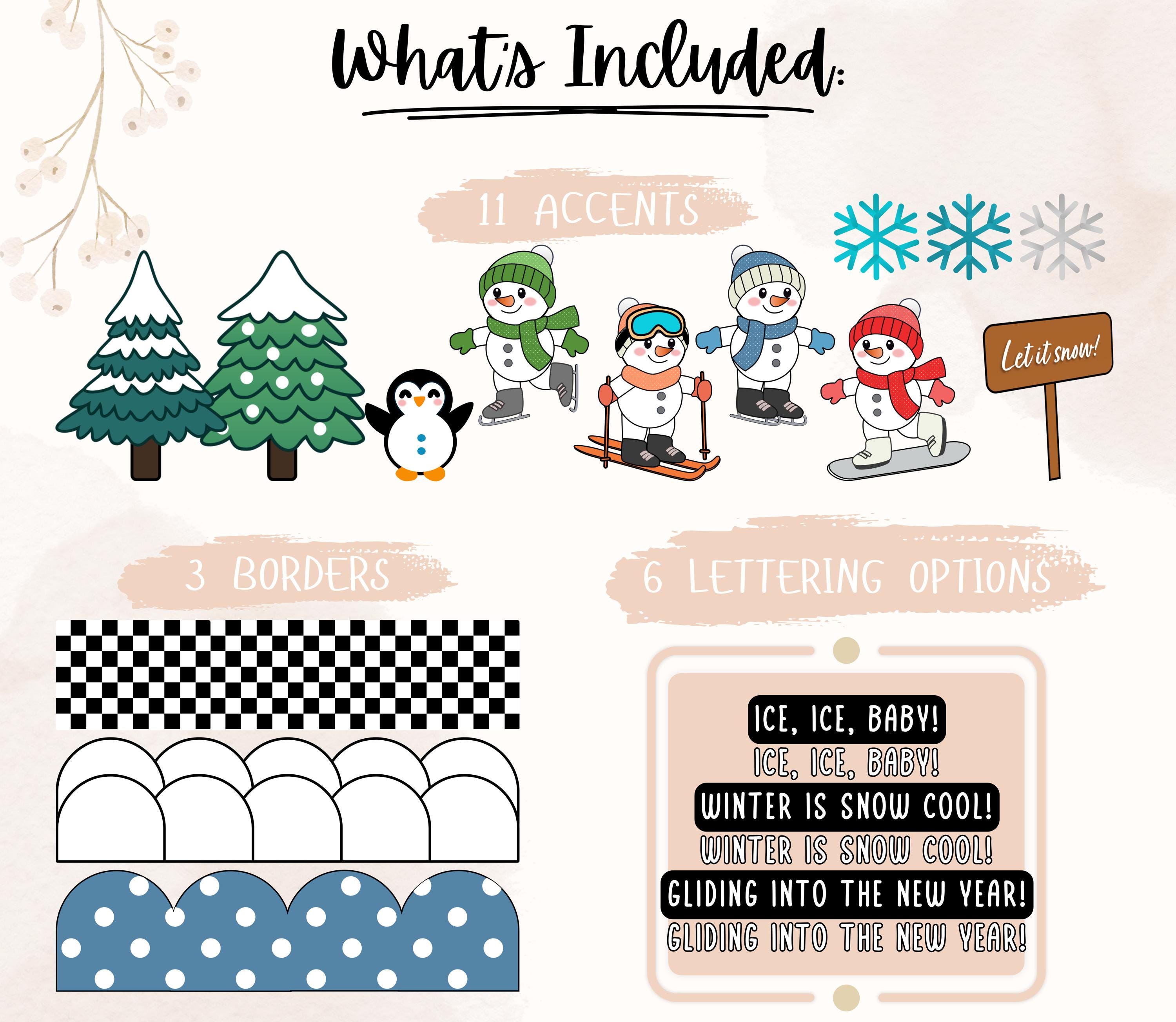 Winter Sports Bulletin Board Kit, New Year Snowman Skiing Snowboarding ...