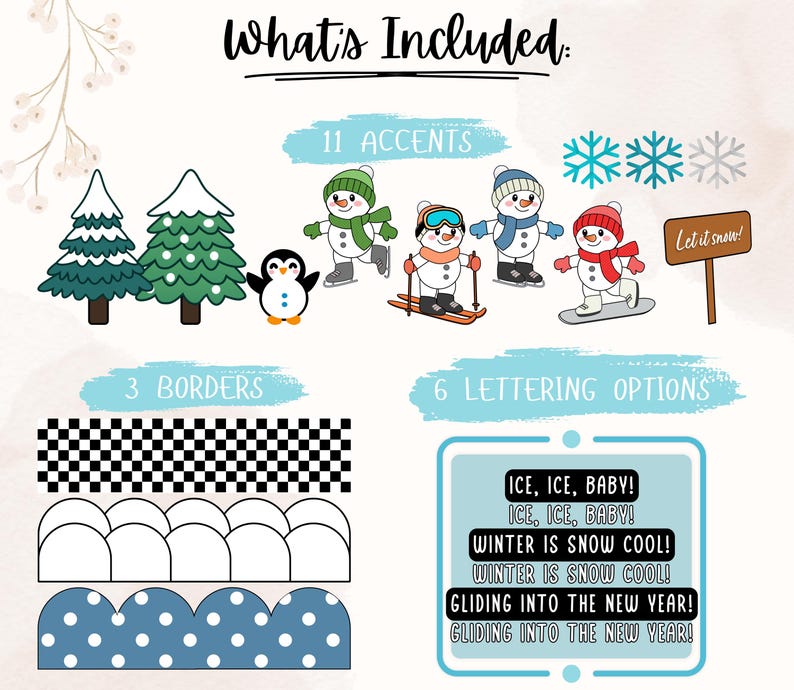 Winter Sports Bulletin Board Kit, New Year Snowman Skiing Snowboarding ...