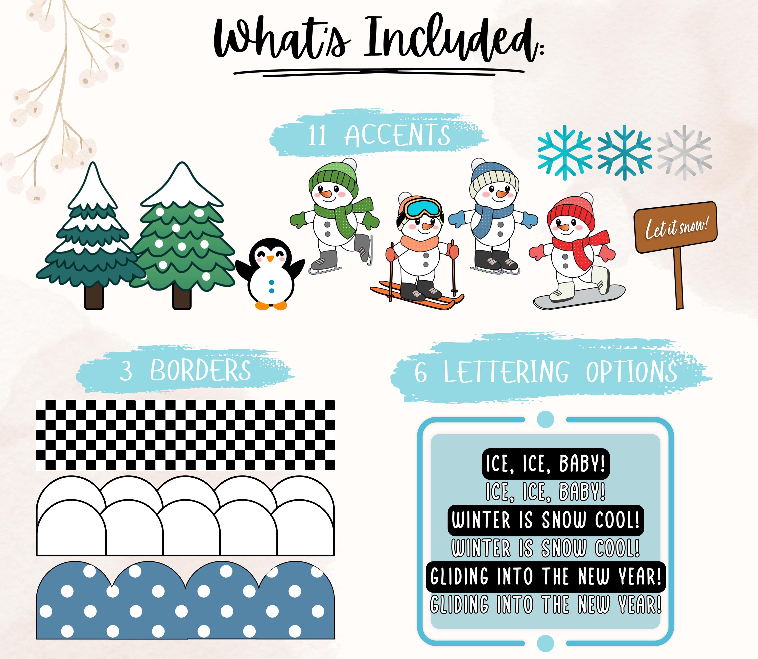 Winter Sports Bulletin Board Kit, New Year Snowman Skiing Snowboarding ...