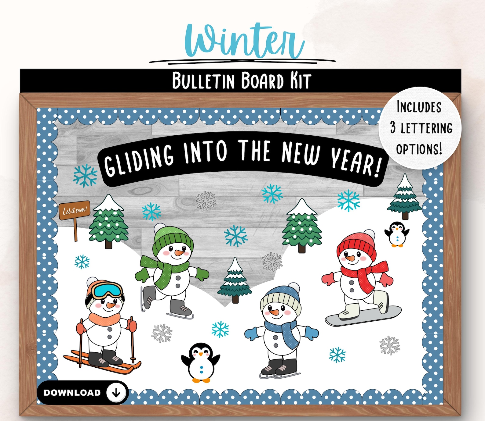 Winter Sports Bulletin Board Kit, New Year Snowman Skiing Snowboarding ...
