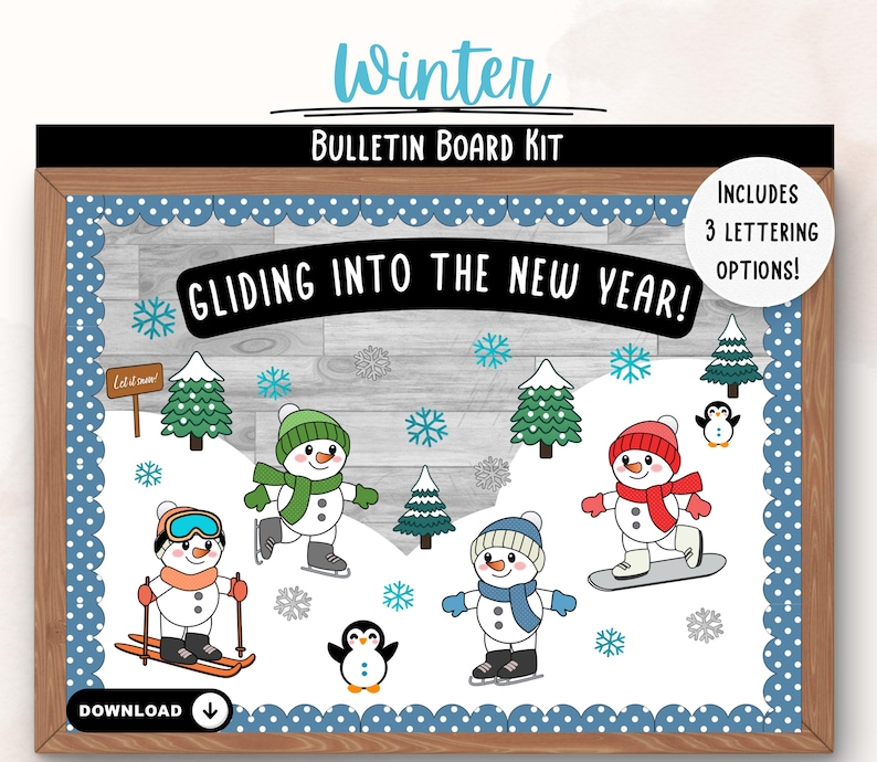 Winter Sports Bulletin Board Kit, New Year Snowman Skiing Snowboarding ...