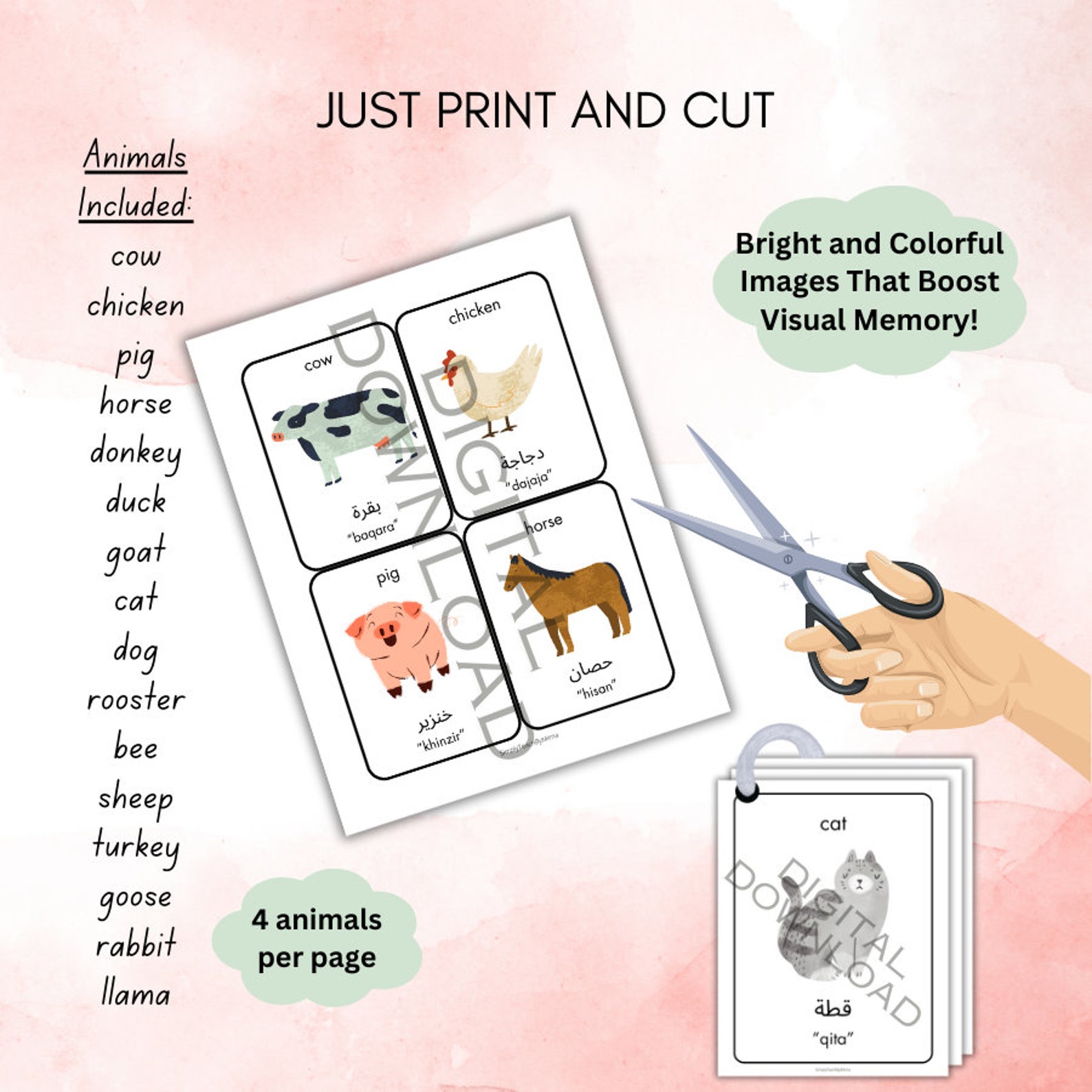 Arabic Farm Animal Flashcards English Bilingual Language Homeschooling ...