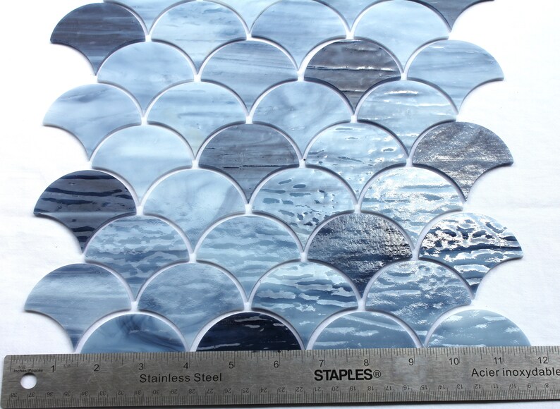 Glass Mosaic Sheet, Fish Scale Shape, Light to Dark Blue, 11 3/4x11 3/4 ...