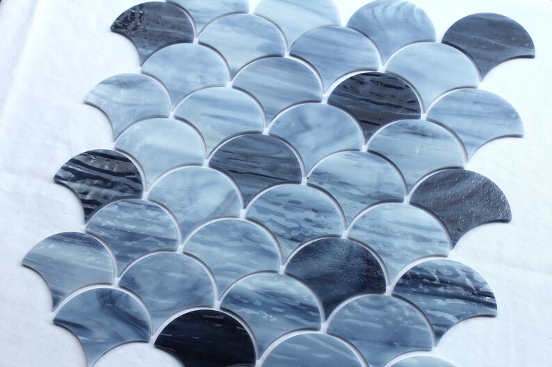 Glass Mosaic Sheet, Fish Scale Shape, Light to Dark Blue, 11 3/4x11 3/4 ...