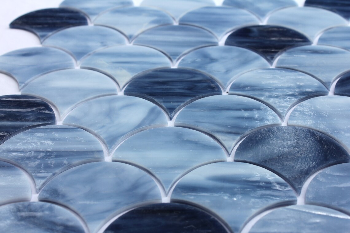 Glass Mosaic Sheet, Fish Scale Shape, Light to Dark Blue, 11 3/4x11 3/4 ...