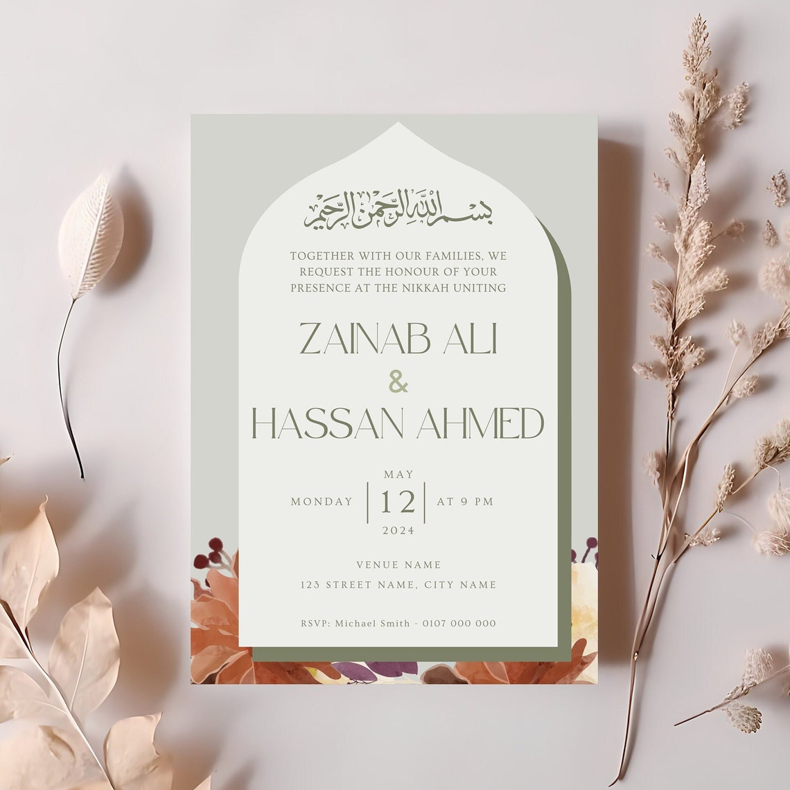 Editable Nikkah Invitation Template Digital Muslim Card Personalized ...