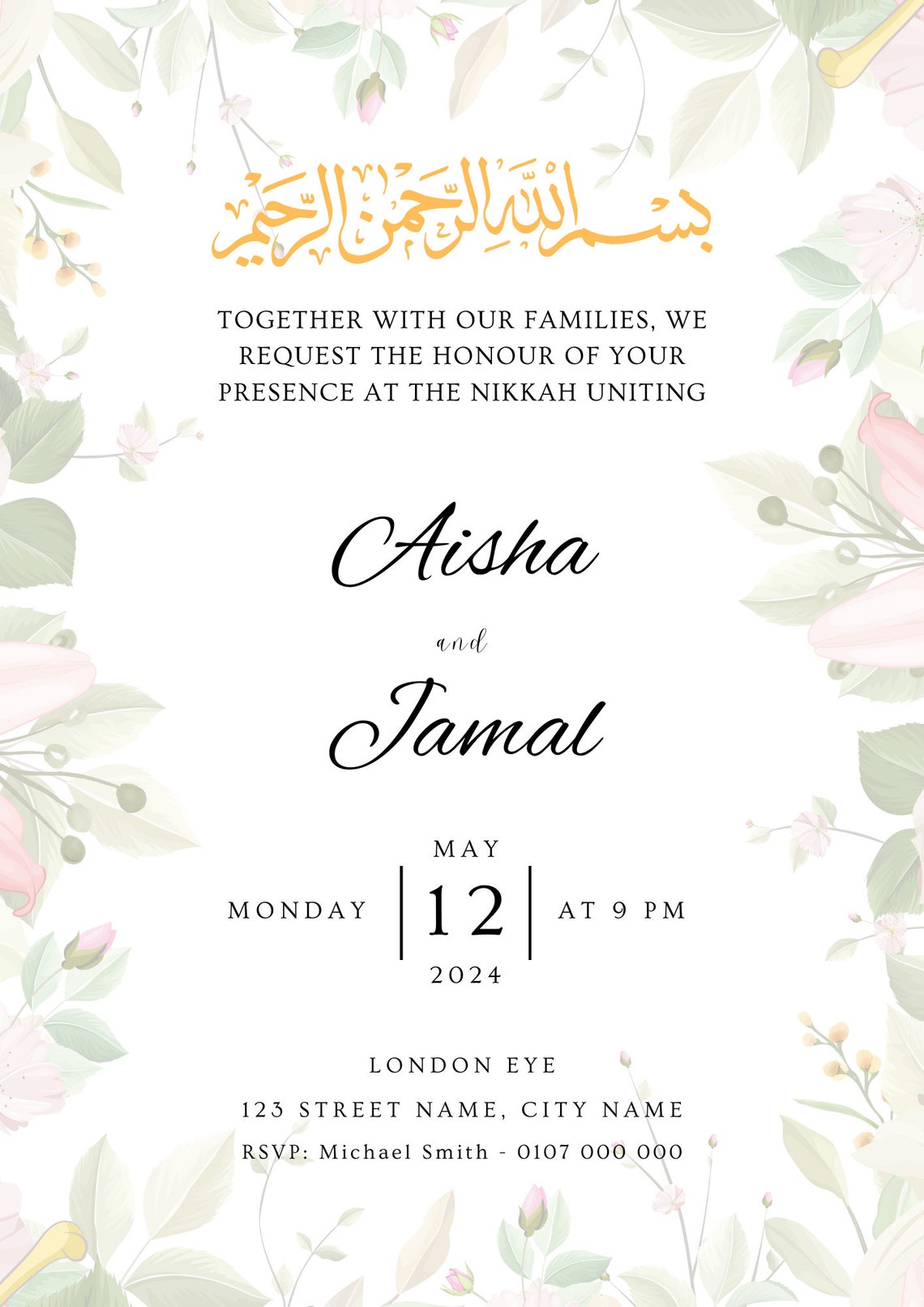 Editable Islamic Nikkah Invitation Template, Muslim Wedding Invite ...